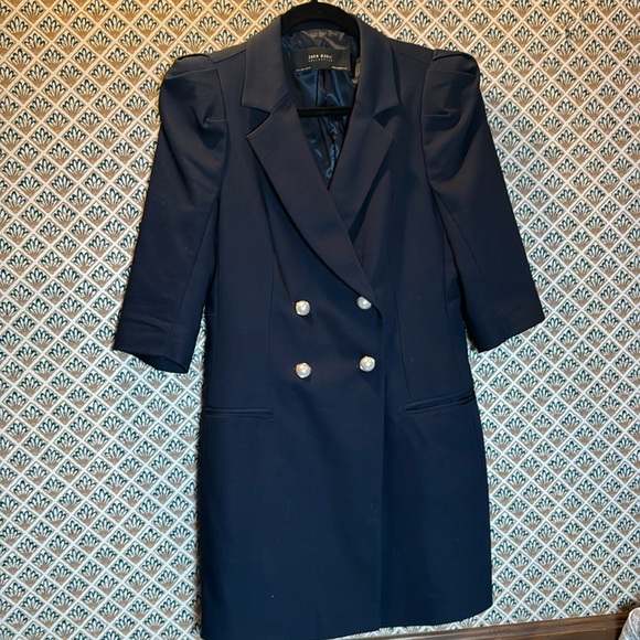 Zara | Dresses | Zara Dark Blue Blazer Dress Pearl Buttons Large | Poshmark